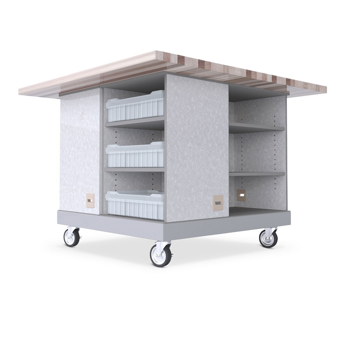 Quad Pod Makerspace Table with 2 Storage Bin Pods and 2 Shelf Pods ...